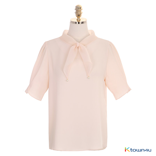 ktown4u.com : Short Sleeve Ribbon Tie Blouse [PeachPink][Free]
