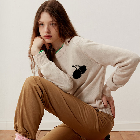 ktown4u.com : Uni Middle Black Cherry Round Knit Shirt KA [Cream]