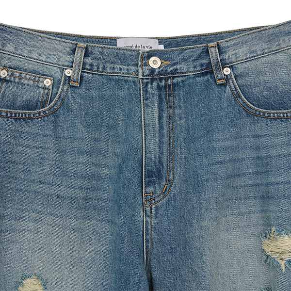 ktown4u.com : Damage Washing Wide Denim Pants [Blue]